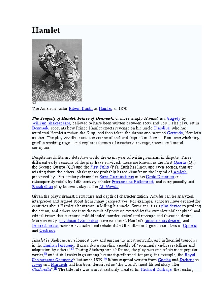 Hamlet: The Tragedy of Hamlet, Prince of Denmark, or More Simply Hamlet ...