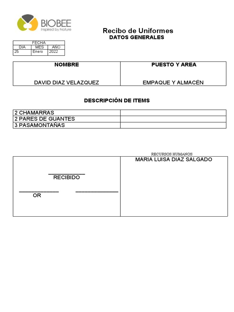Formato Recibo de Uniformes | PDF