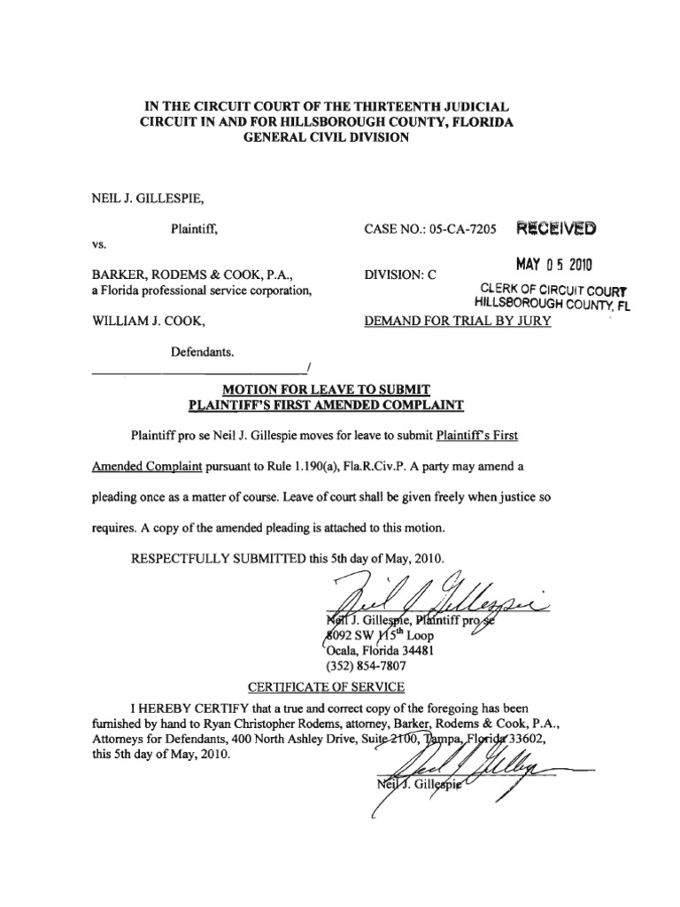 Plaintiffs First Amended Complaint, Gillespie V Barker, Rodems, Cook ...