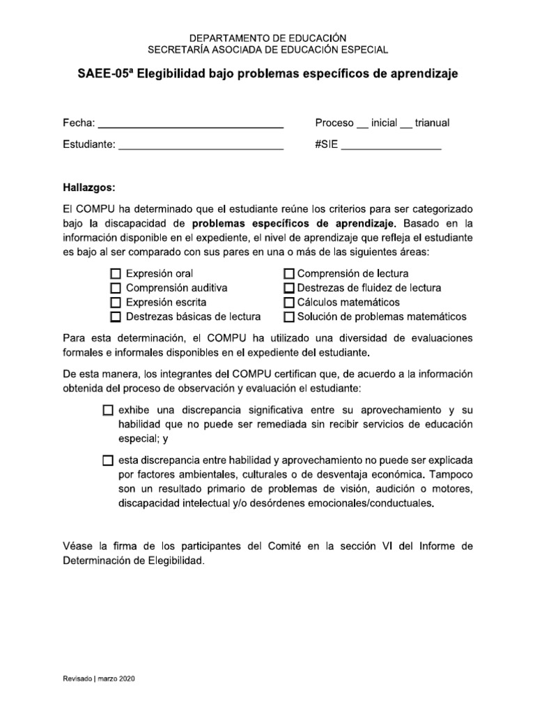 Saee 05a Elegibilidad Bajo Problemas Especificos de Aprendizaje | PDF