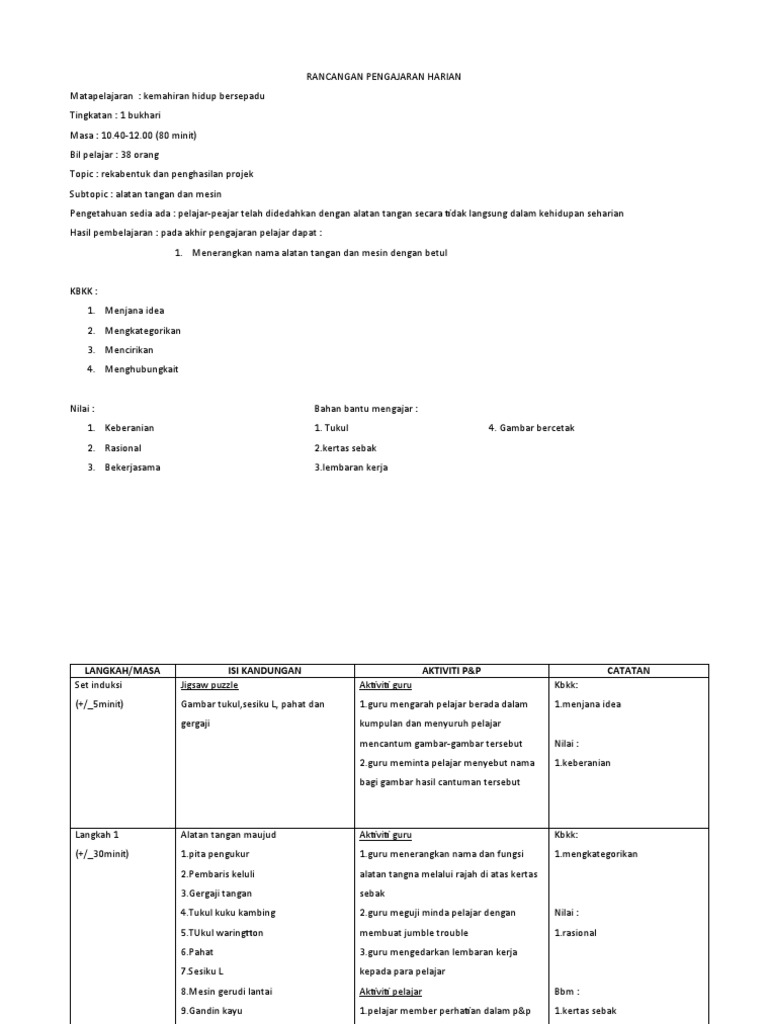 Rancangan Pengajaran Alatan Tangan | PDF | Karier & Perkembangan | Seni