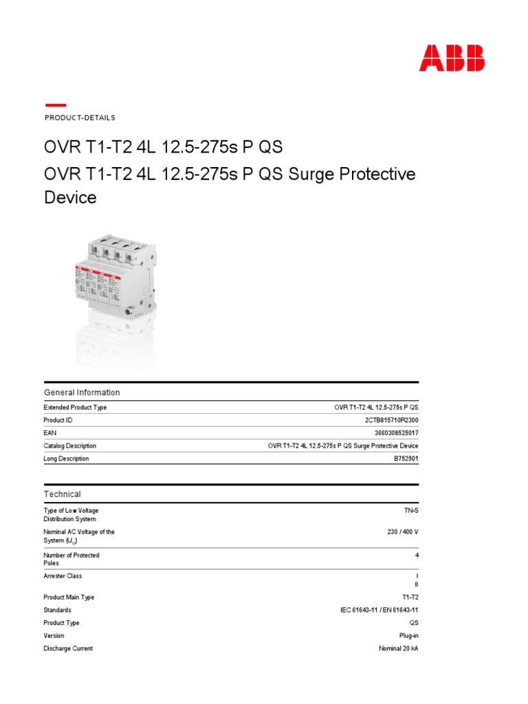 OVR T1-T2 4L 12.5-275s P QS Surge Protective Device | PDF | Fuse ...