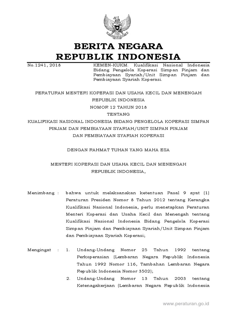 Kkni 2018 012 Permenkopukm Kualifikasi Pengelola Koperasi Simpan Pinjam
