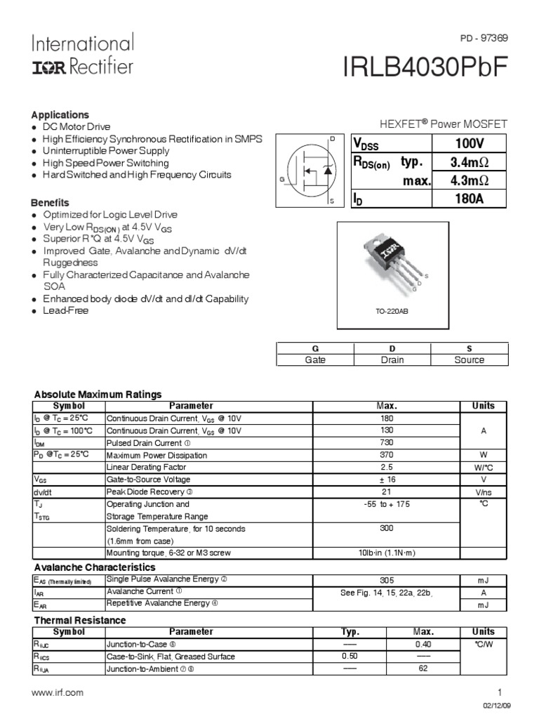 Infineon IRLB4030 DataSheet v01 - 01 EN | PDF | Diode | Electronics