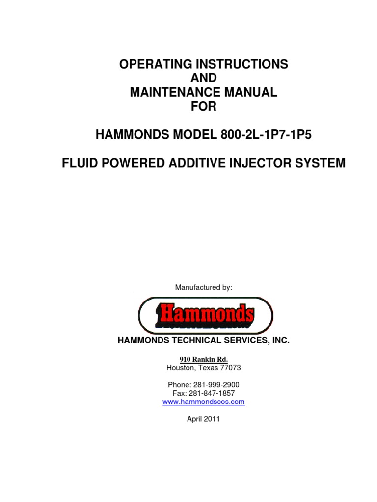 Operating Instructions AND Maintenance Manual FOR HAMMONDS MODEL 800-2L ...