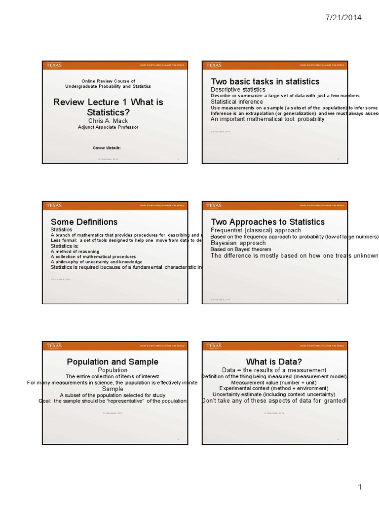 Review Lecture 1 What Is Statistics?: Two Basic Tasks in Statistics ...