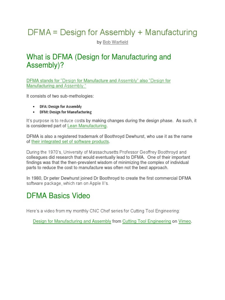 DFMA DFM DFA Design For Manufacturing and Assembly | PDF | Screw | Drilling