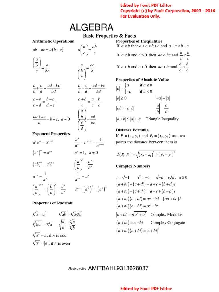 Algebra: Basic Properties & Facts | PDF | Logarithm | Mathematical Analysis