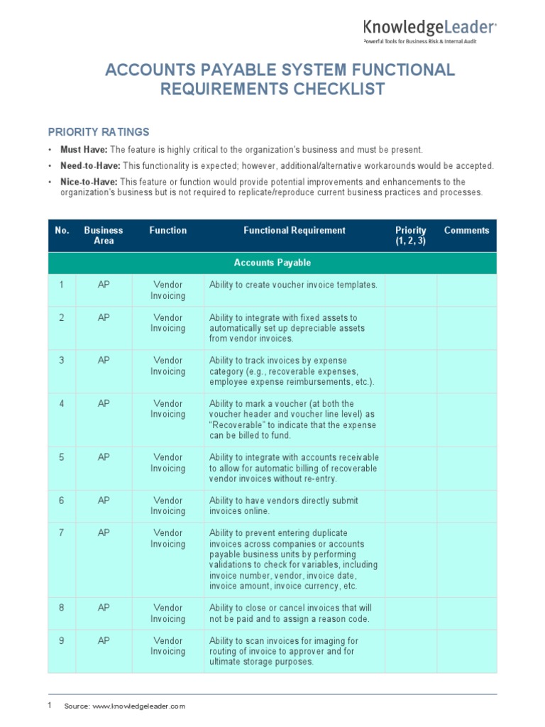 Accounts Payable System Functional Requirements Checklist | PDF ...
