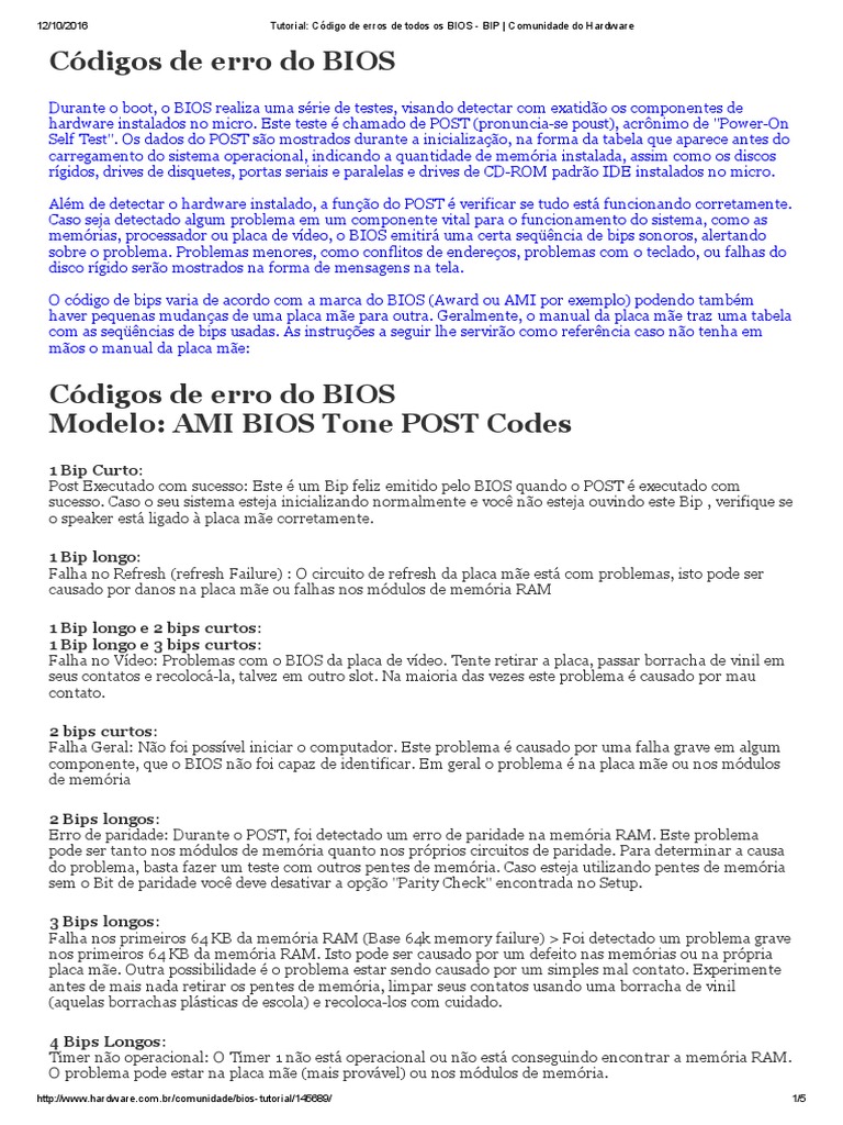 Tutorial - Código de Erros de Todos Os BIOS - BIP - Comunidade Do Hardware | Unduh gratis PDF ...