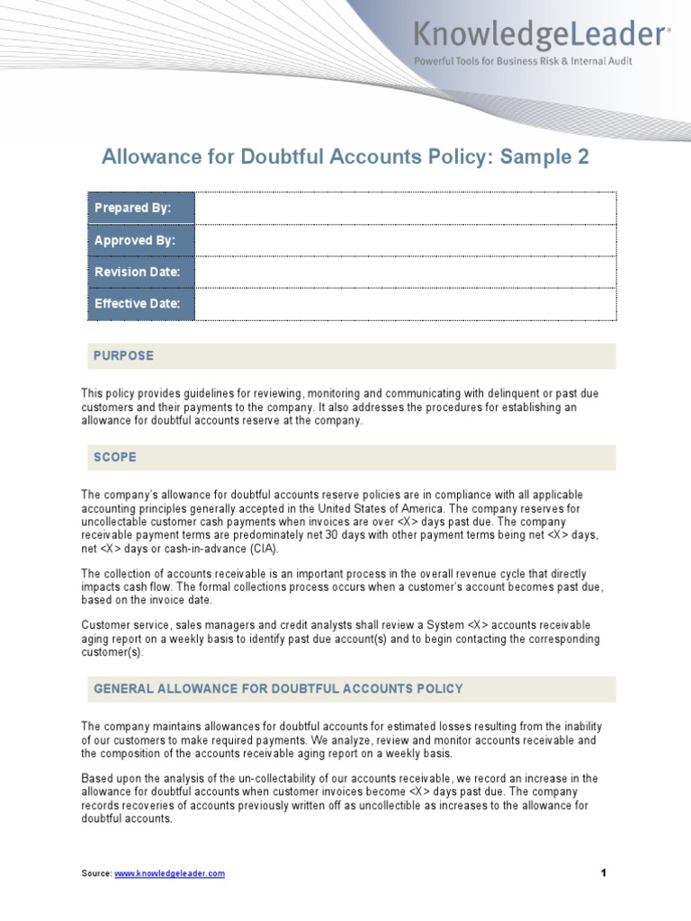 Allowance For Doubtful Accounts Policy - Sample 2 | PDF | Bad Debt | Policy