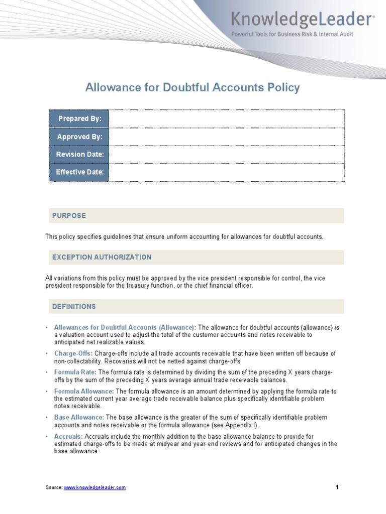 Allowance For Doubtful Accounts Policy | PDF | Bad Debt | Economies