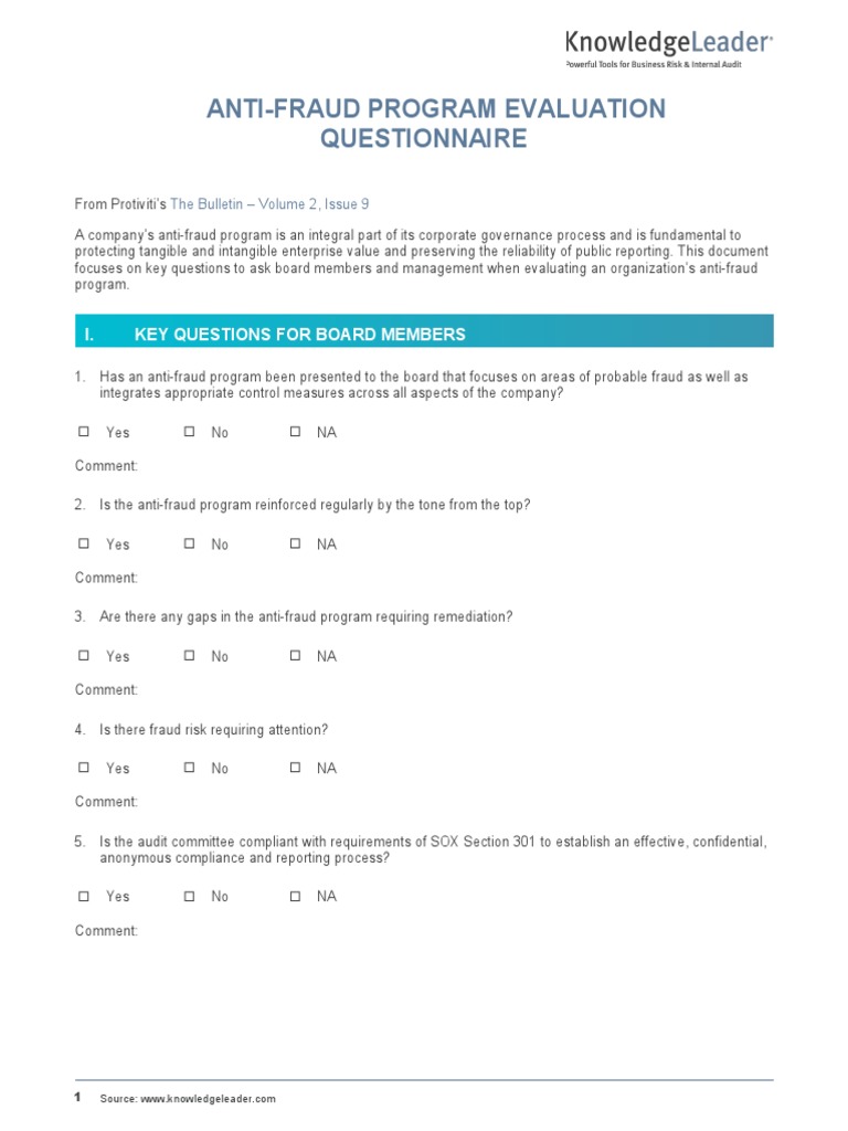 Anti-Fraud Program Evaluation Questionnaire: I. Key Questions For Board ...