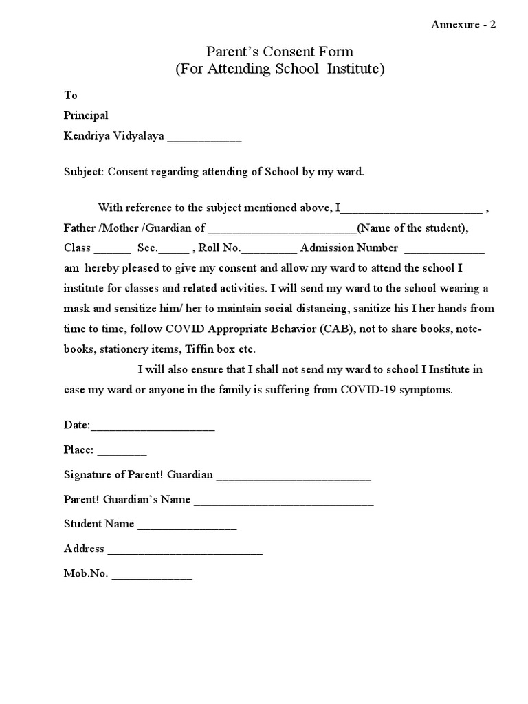 Parent's Consent Form (For Attending School Institute) | PDF
