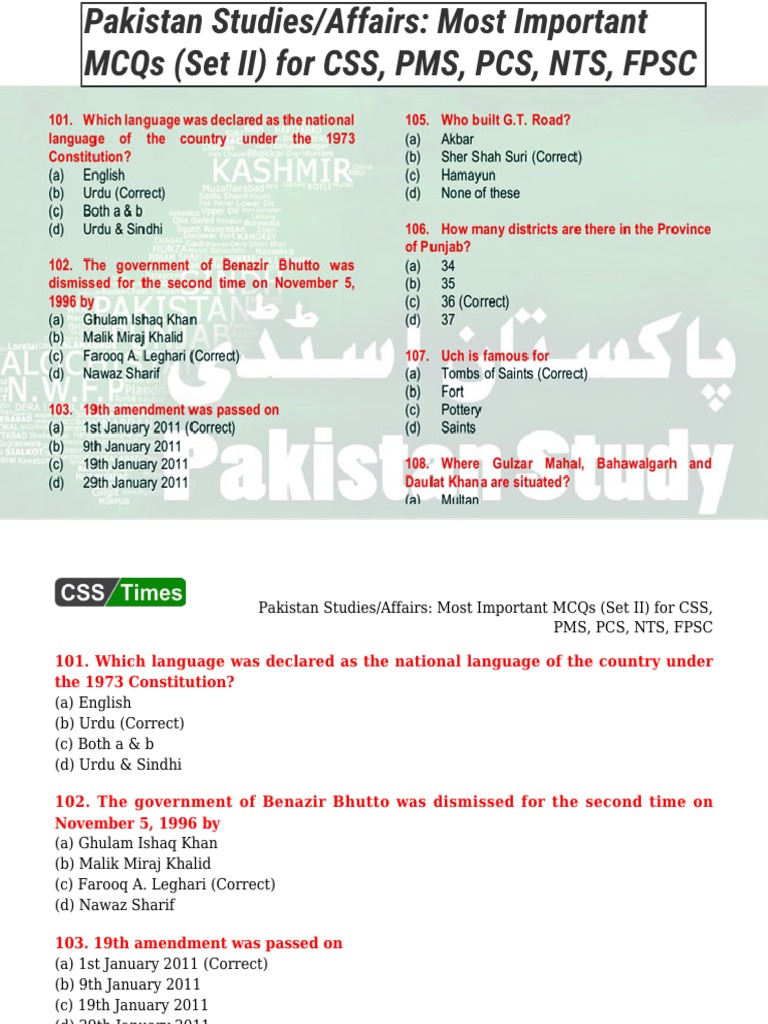 Pakistan Studies - Affairs - Most Important MCQs (Set II) For CSS, PMS, PCS, NTS, FPSC-3 | PDF ...