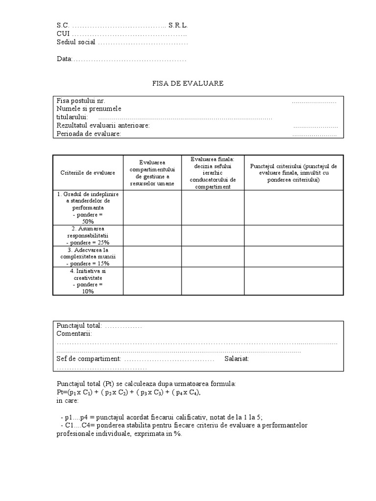 Fisa de Evaluare A Performantelor | PDF