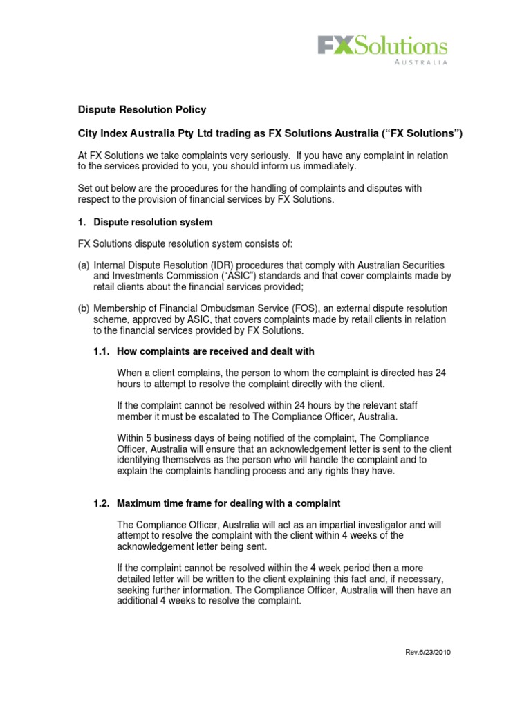 Dispute Resolution Policy City Index Australia Pty Ltd trading as FX ...