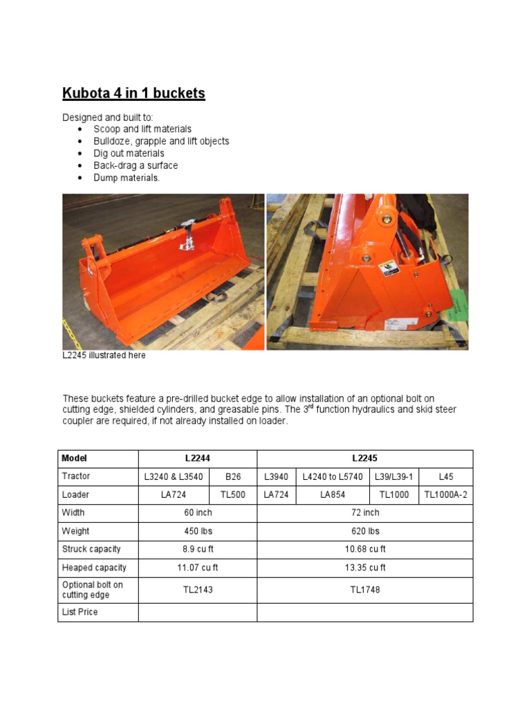 Kubota 4 in 1 Buckets: Dump Materials | PDF