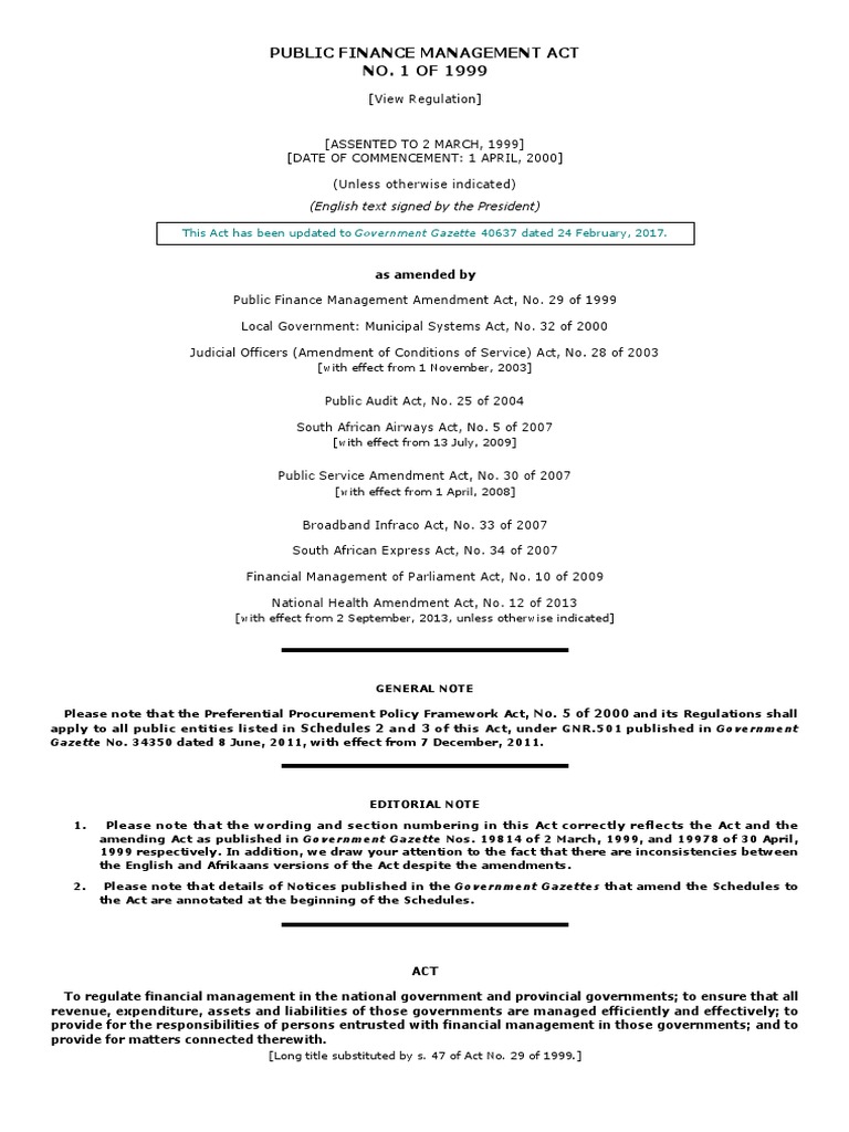 Public Finance Management Act NO. 1 OF 1999 | PDF | Loans | Taxes