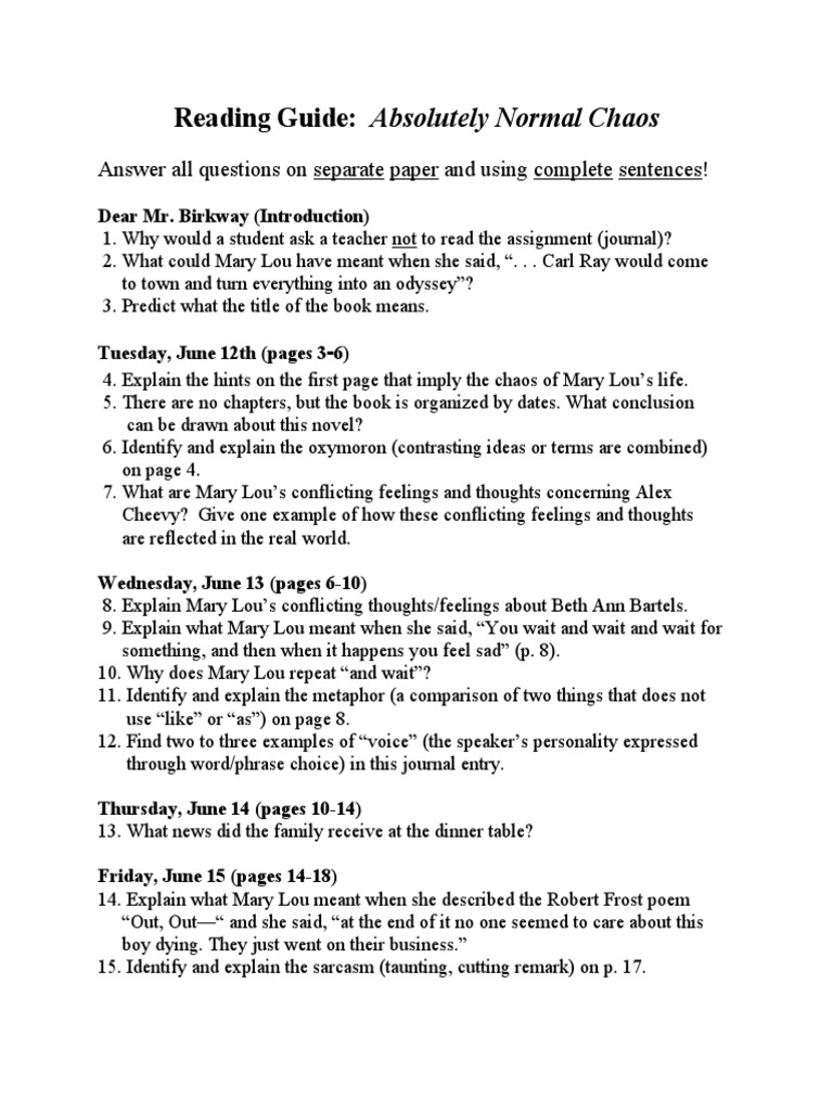 Reading Guide: Absolutely Normal Chaos: Answer All Questions On ...