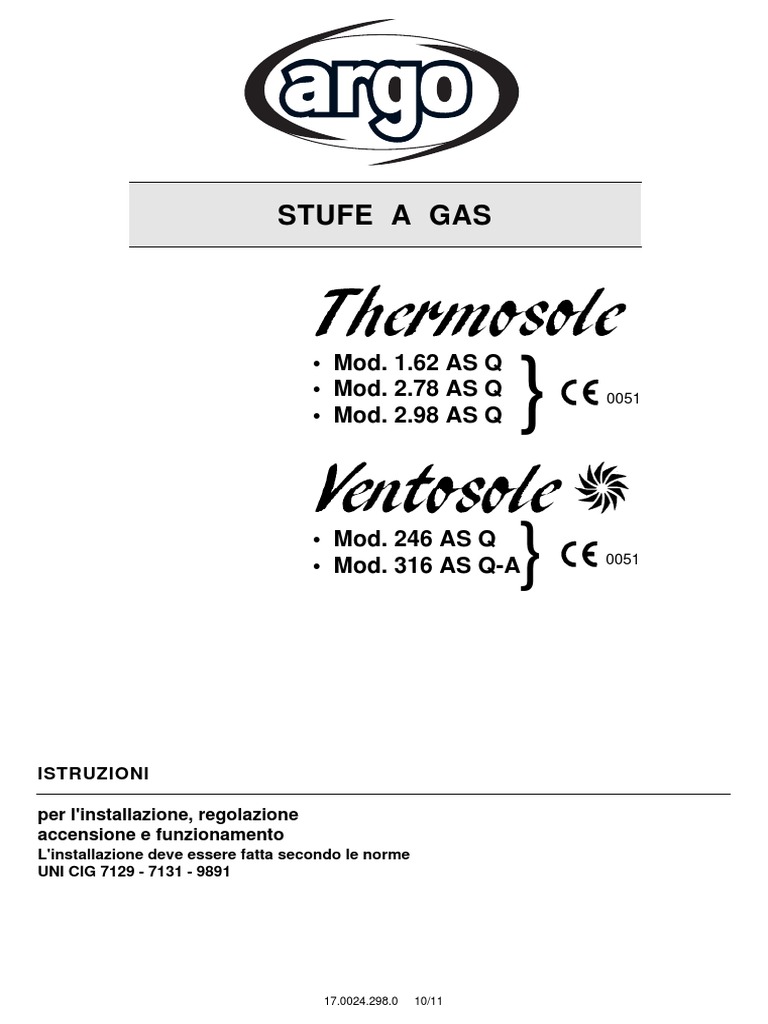 ARGO Scheda Tecnica Stufe A Gas THERMOSOLE VENTOSOLE AS Q | PDF