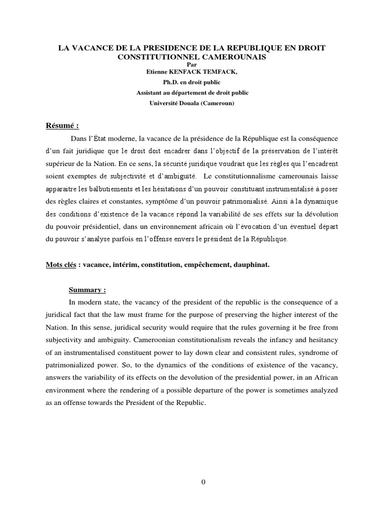 La Vacance de La Presidence de La Republique en Droit Constitutionnel ...