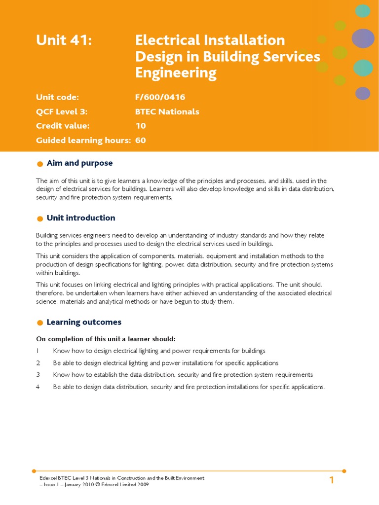 Unit 41 Electrical Installation Design in Building Services Engineering ...