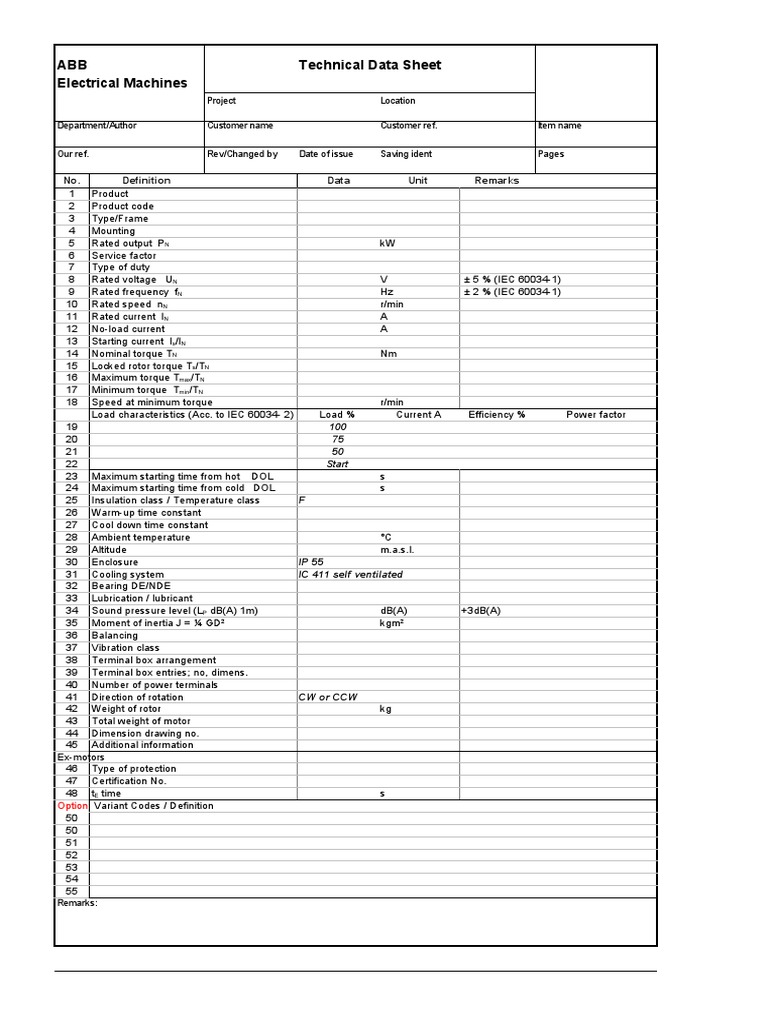 ABB Technical Data Sheet Electrical Machines: No. Data Unit Remarks ...