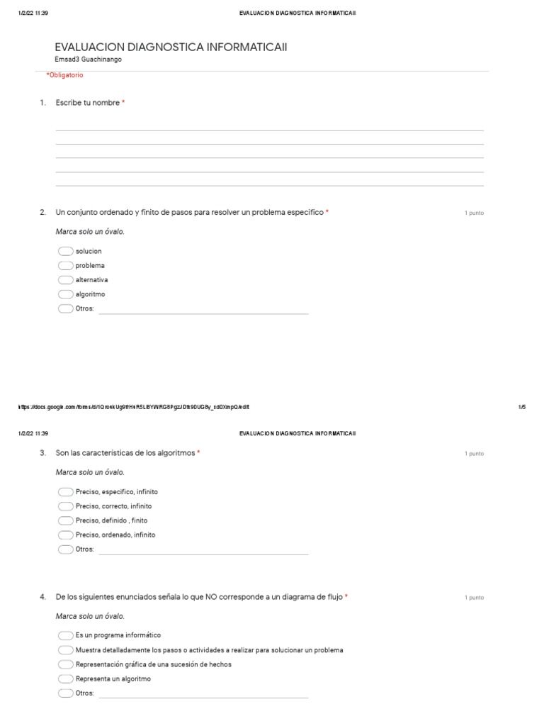 EVALUACION DIAGNOSTICA INFORMATICA II - Formularios de Google | PDF | Algoritmos | Microsoft Excel