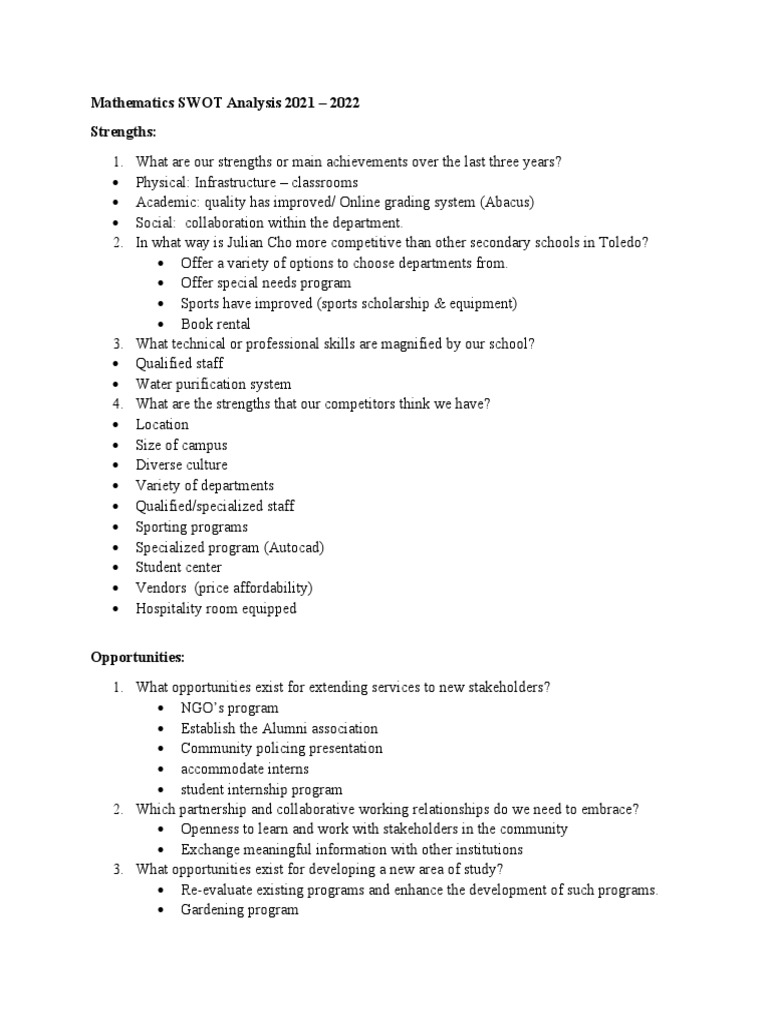 Mathematics Department SWOT Analysis | PDF | Educational Technology ...