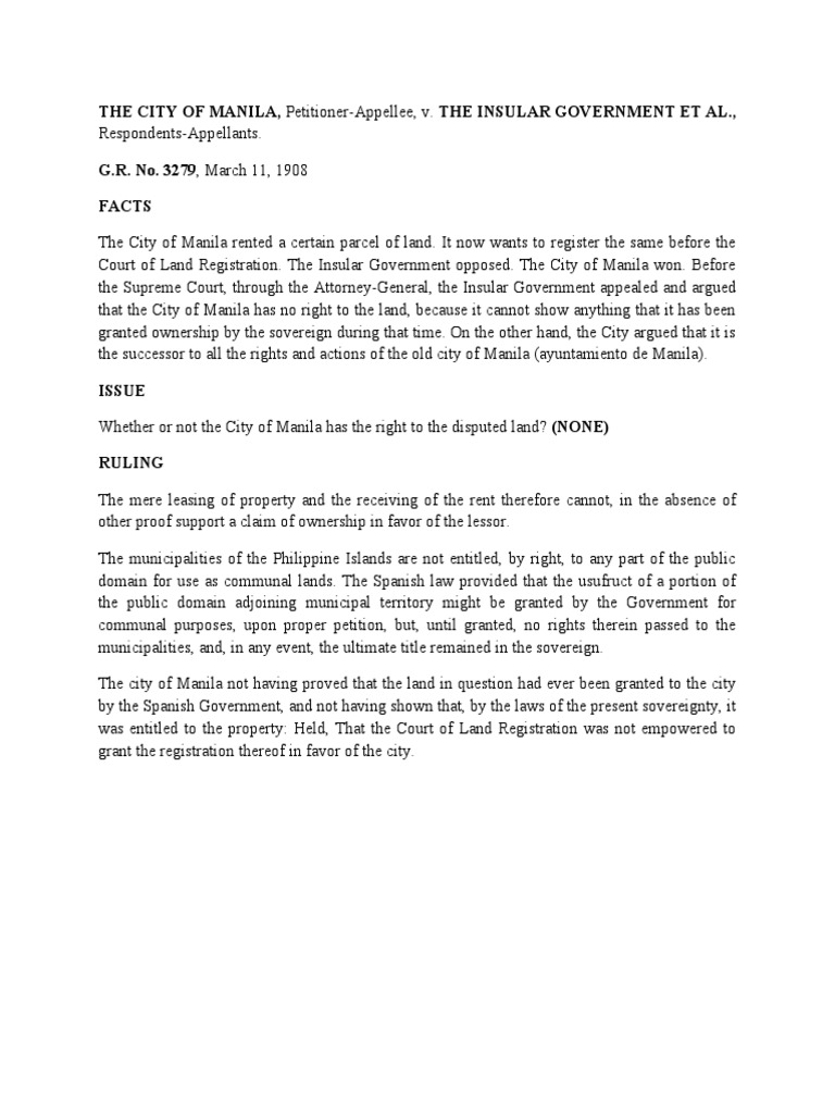 (CD) City of Manila vs. Insular Government - G.R. No. 3279 - March 11 ...