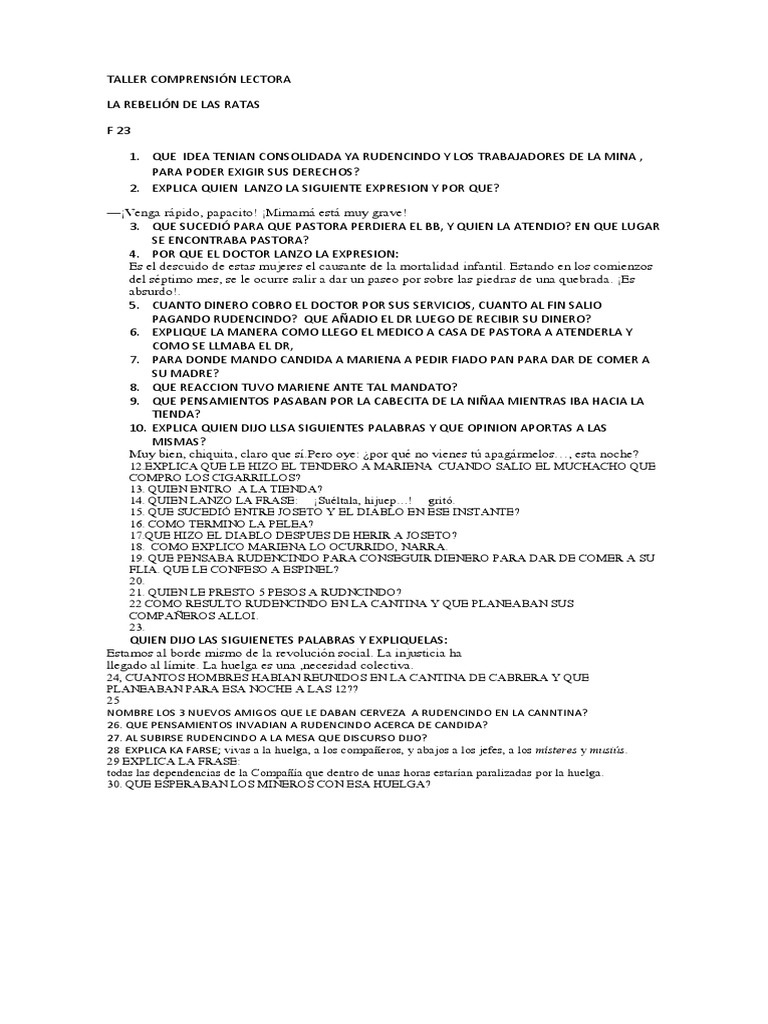 Comprensión lectora de La rebelión de las ratas | PDF