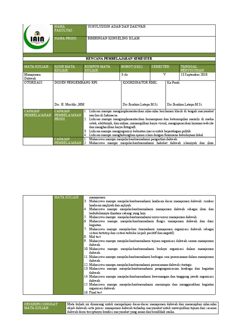 RPS Manajemen Dakwah (Pak Muchlis) | PDF | Karier & Perkembangan