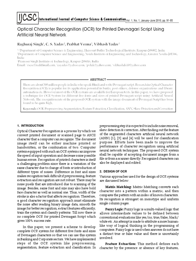 Optical Character Recognition (OCR) For Printed Devnagari Script UsingArtificial Neural Network ...
