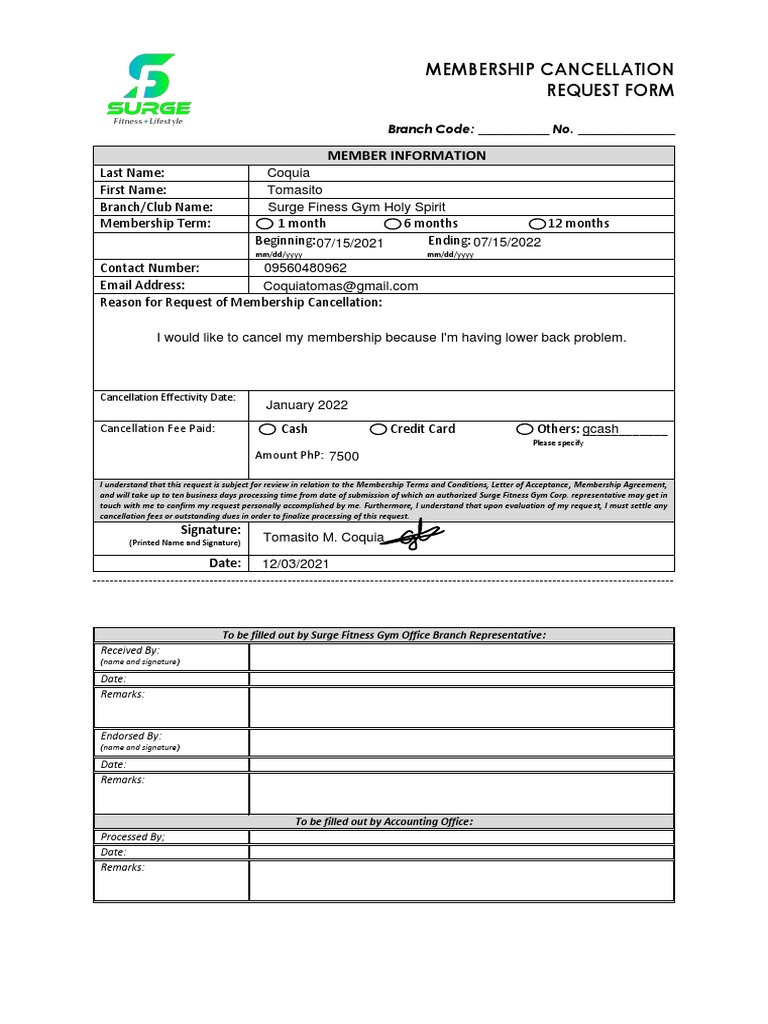 Membership Cancellation Request Form: Member Information | PDF