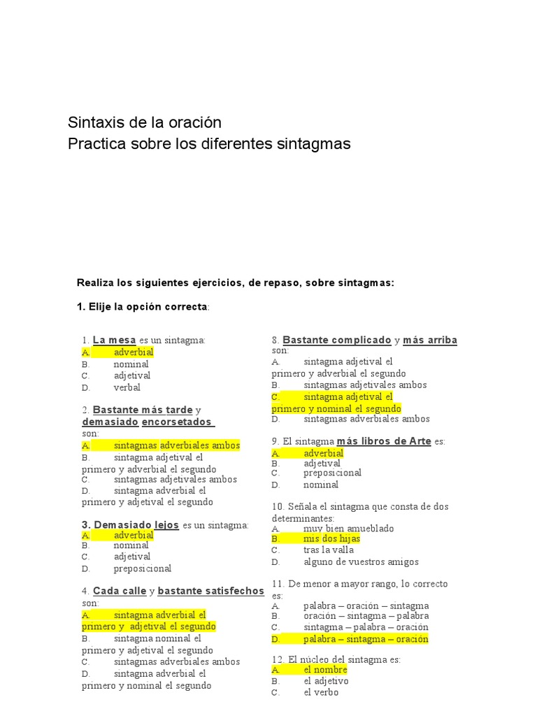 Ejercicios Sobre Sintagmas | PDF | Adverbio | Sintaxis