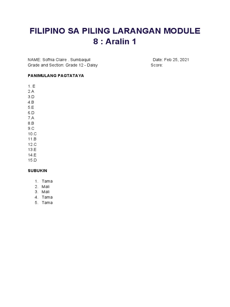FILIPINO SA PILING LARANGAN MODULE 8 - Aralin 1 AND 2 | PDF