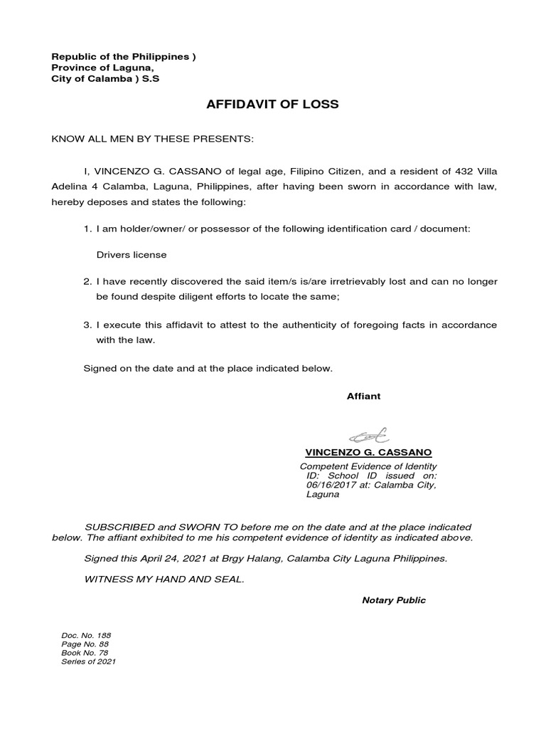 Affidavit of Loss: Republic of The Philippines) Province of Laguna ...
