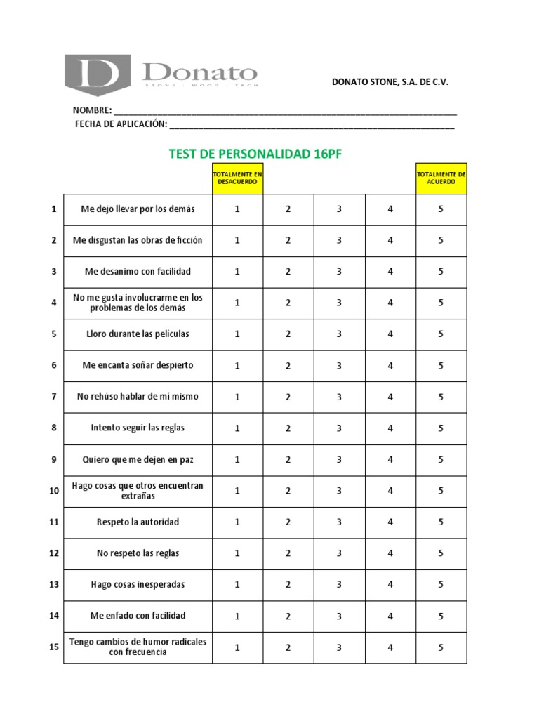 TEST DE PERSONALIDAD 16 Factores (16 PF) | PDF | Conceptos psicologicos ...