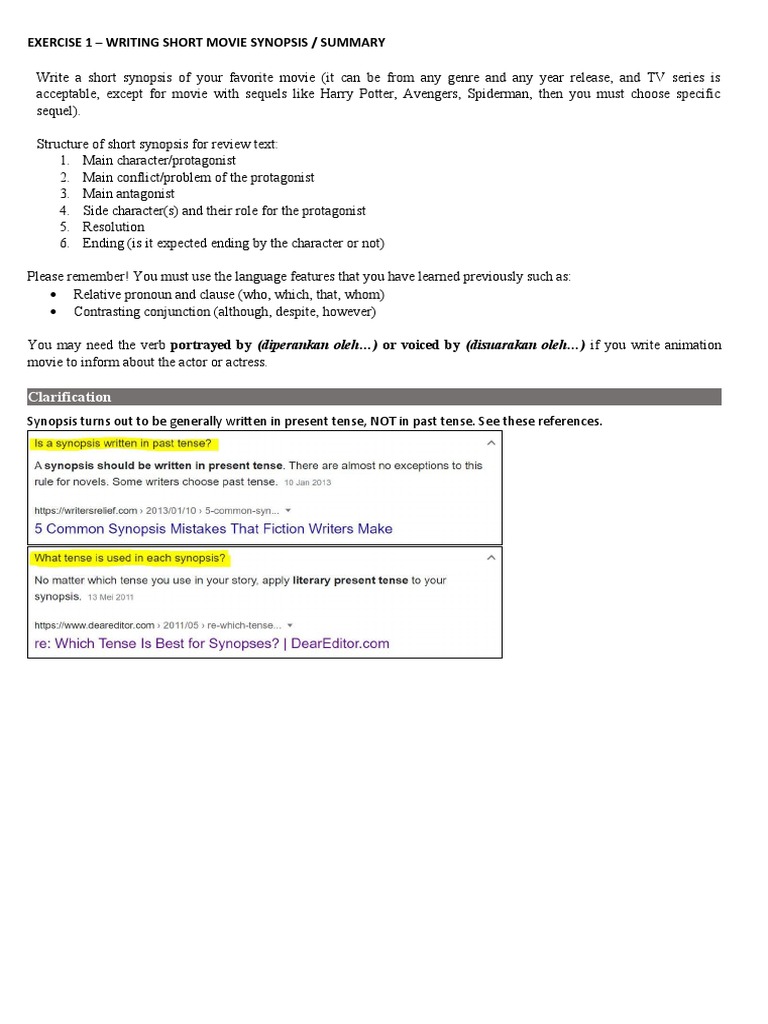 Clarification: Exercise 1 - Writing Short Movie Synopsis / Summary | PDF