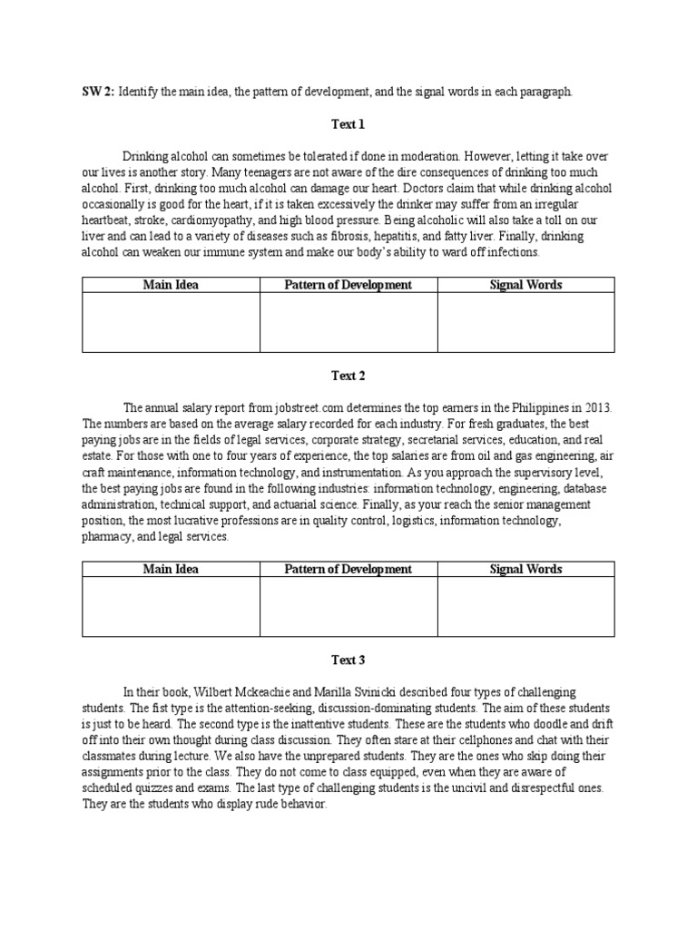 SW 2: Identify The Main Idea, The Pattern of Development, and The Signal Words in Each Paragraph ...
