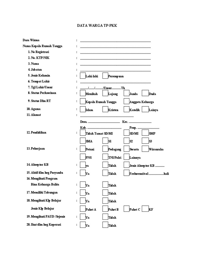 Blanko Tabel Dasawisma PKK Lengkap | PDF