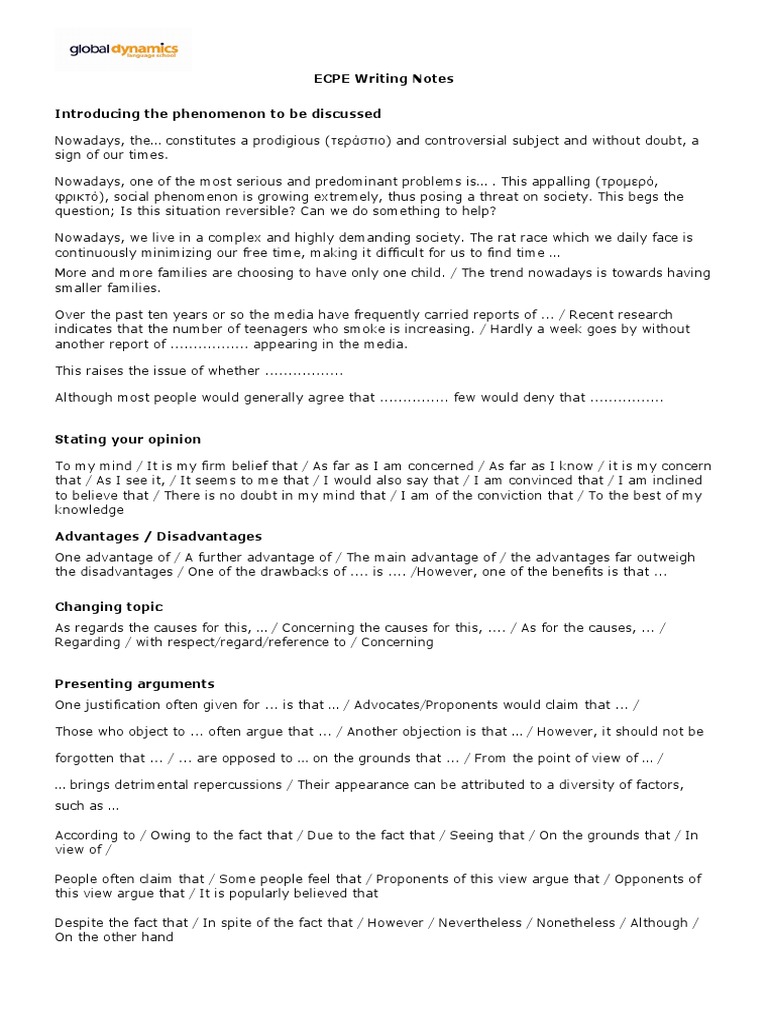 ECPE Writing Notes Introducing The Phenomenon To Be Discussed | PDF ...
