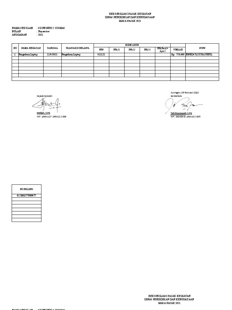 Rekonsiliasi NTPN Pajak Sekolah 2021 | PDF
