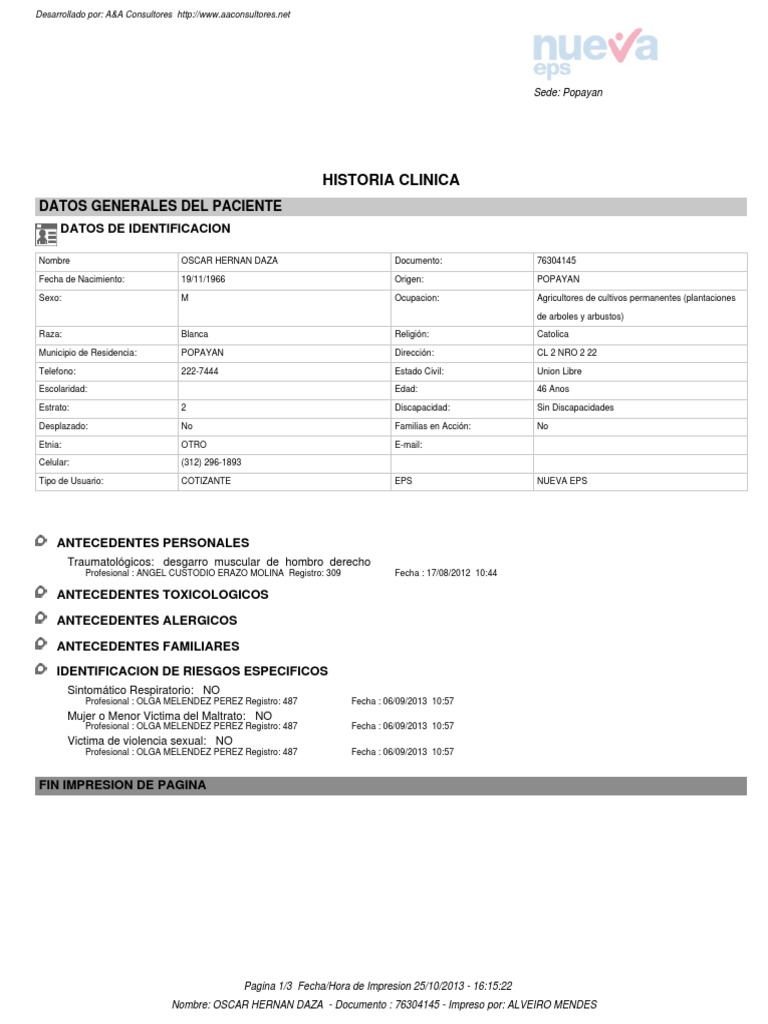 Historia Clinica: Datos Generales Del Paciente | PDF | Medicina CLINICA ...