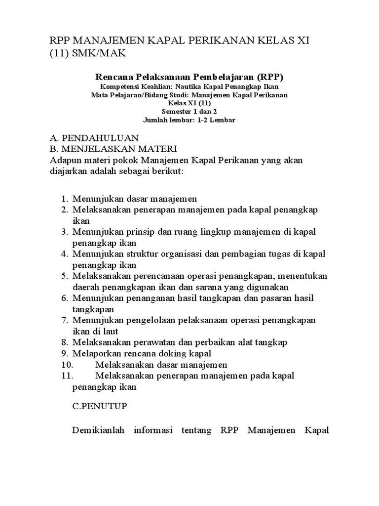 RPP Manajemen Kapal Perikanan Kelas XI SMK | PDF