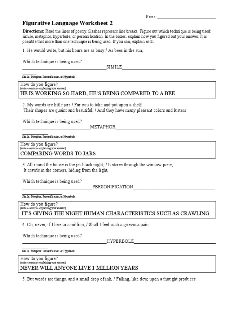 Figurative Language Worksheet 2 Answers | PDF | Metaphor