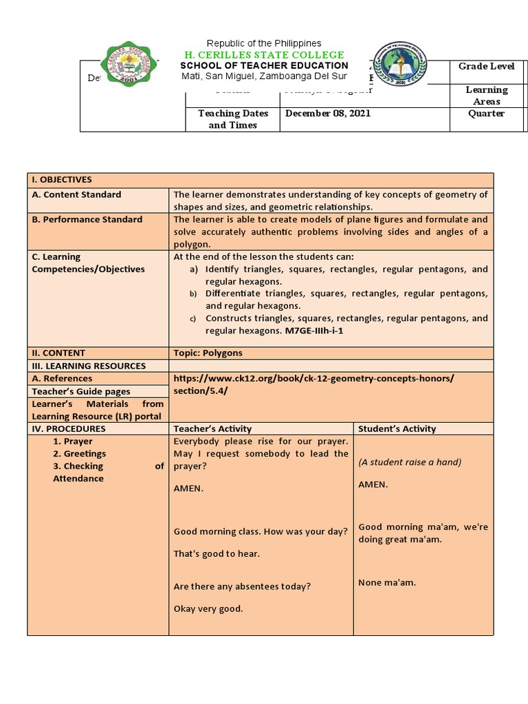 7es DLP - Math7 Polygons | PDF | Triangle | Polygon