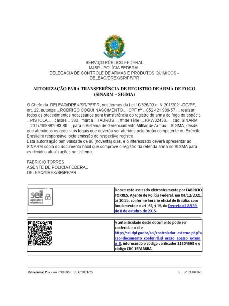 Armas Autorizac Transf Reg Arma Sinarm Sigma 21304563 Pdf