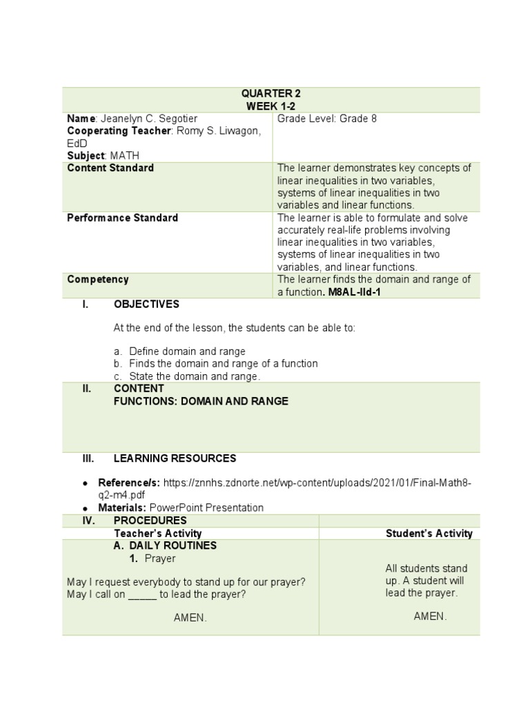 Detailed Lesson Plan (Domain and Range) | PDF | Polynomial | Factorization